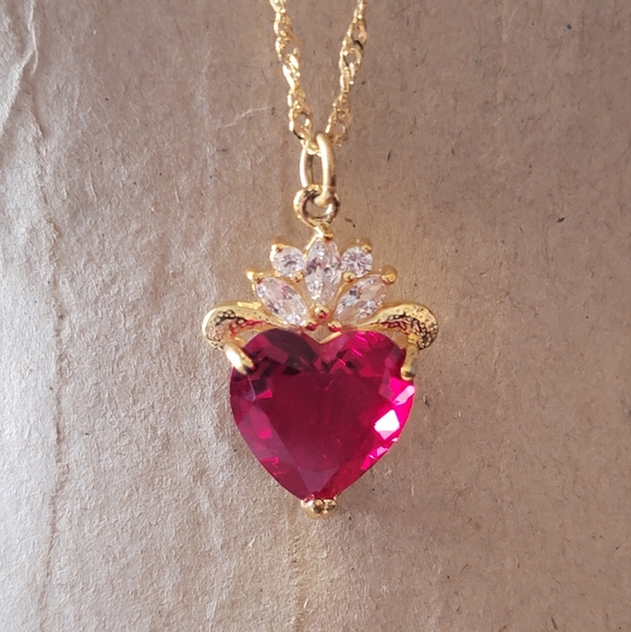 Jewelry | 925 Faux Ruby And Cz Heart Necklace Gold Overlay Euc Unmarked ...